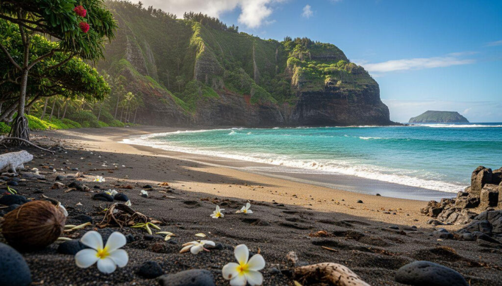 Gray gold sand curves between cliffs where volcanic basalt meets coral ...