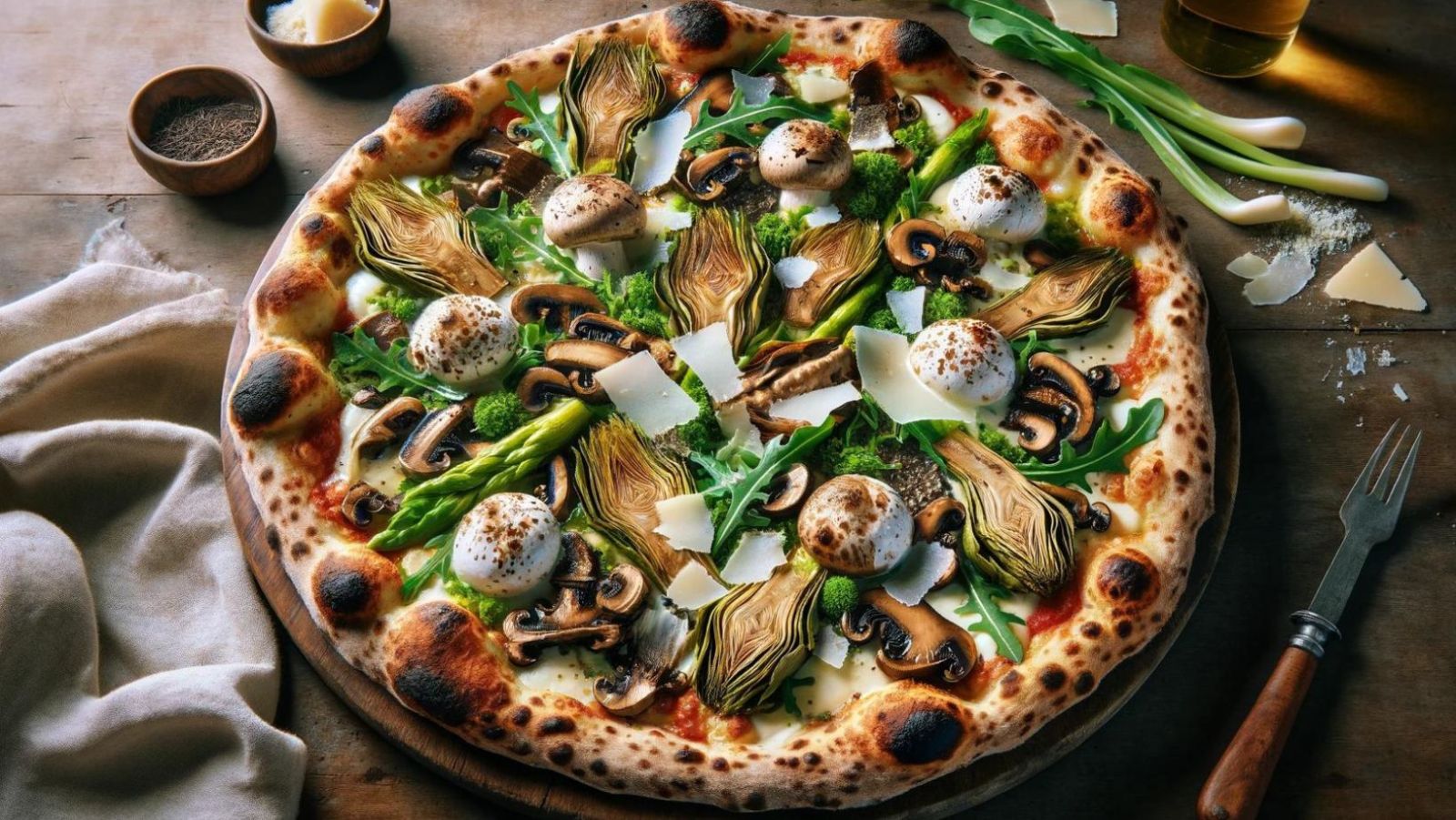 Recette Pizza rustique de printemps à la truffe, artichauts et roquette