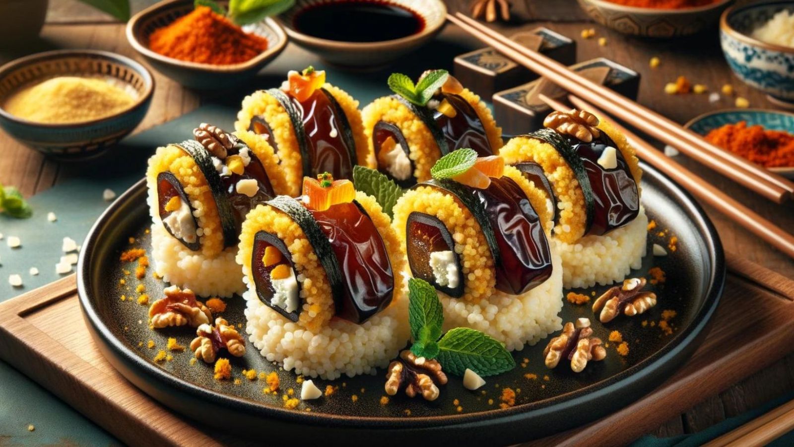 Recette Sushi Ramadan : Sushi de dattes farcies et couscous épicé